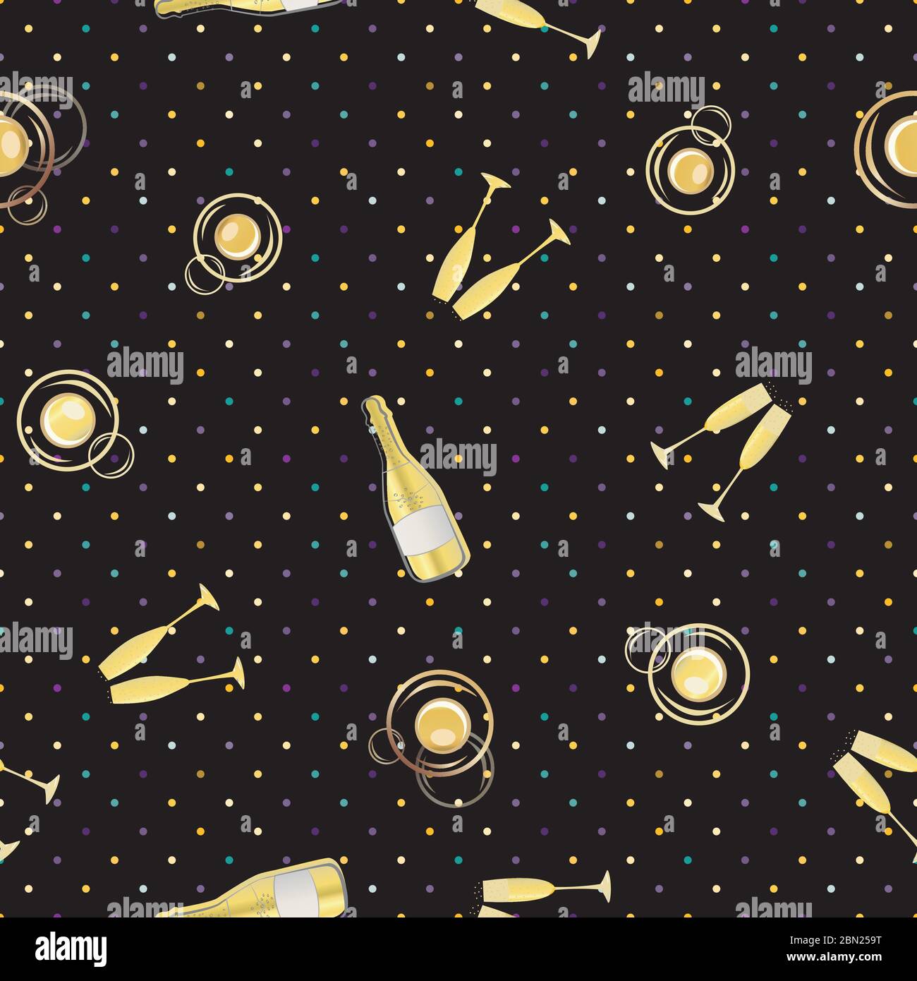 Champagne bubbles vector seamless pattern background. Hand drawn bottles, glasses, fizzy drink ...