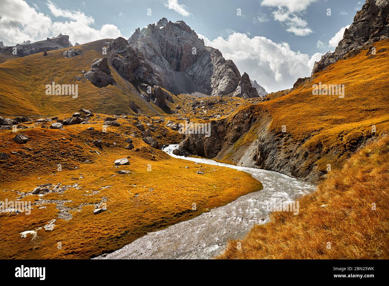 Beautiful scenery of the river in the mountain valley of Kel Suu Lake ...