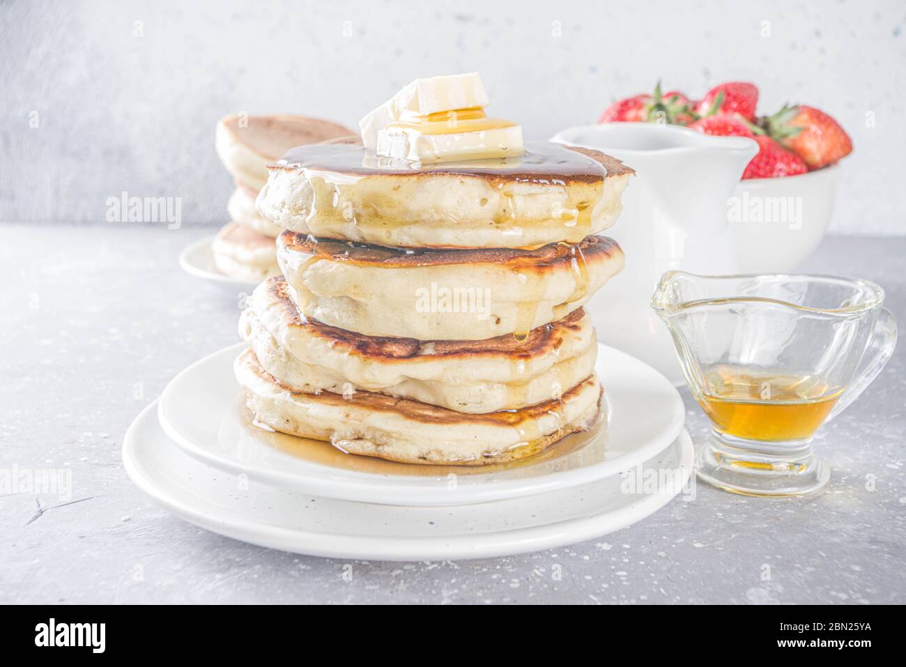 Stack of homemade pancakes. Grey stone background copy space Stock ...