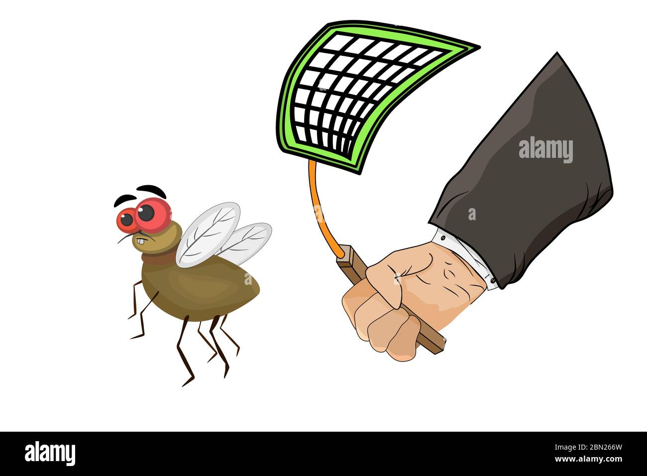 Fly and flyswatter in hand isolated on white background. Hand killing ...