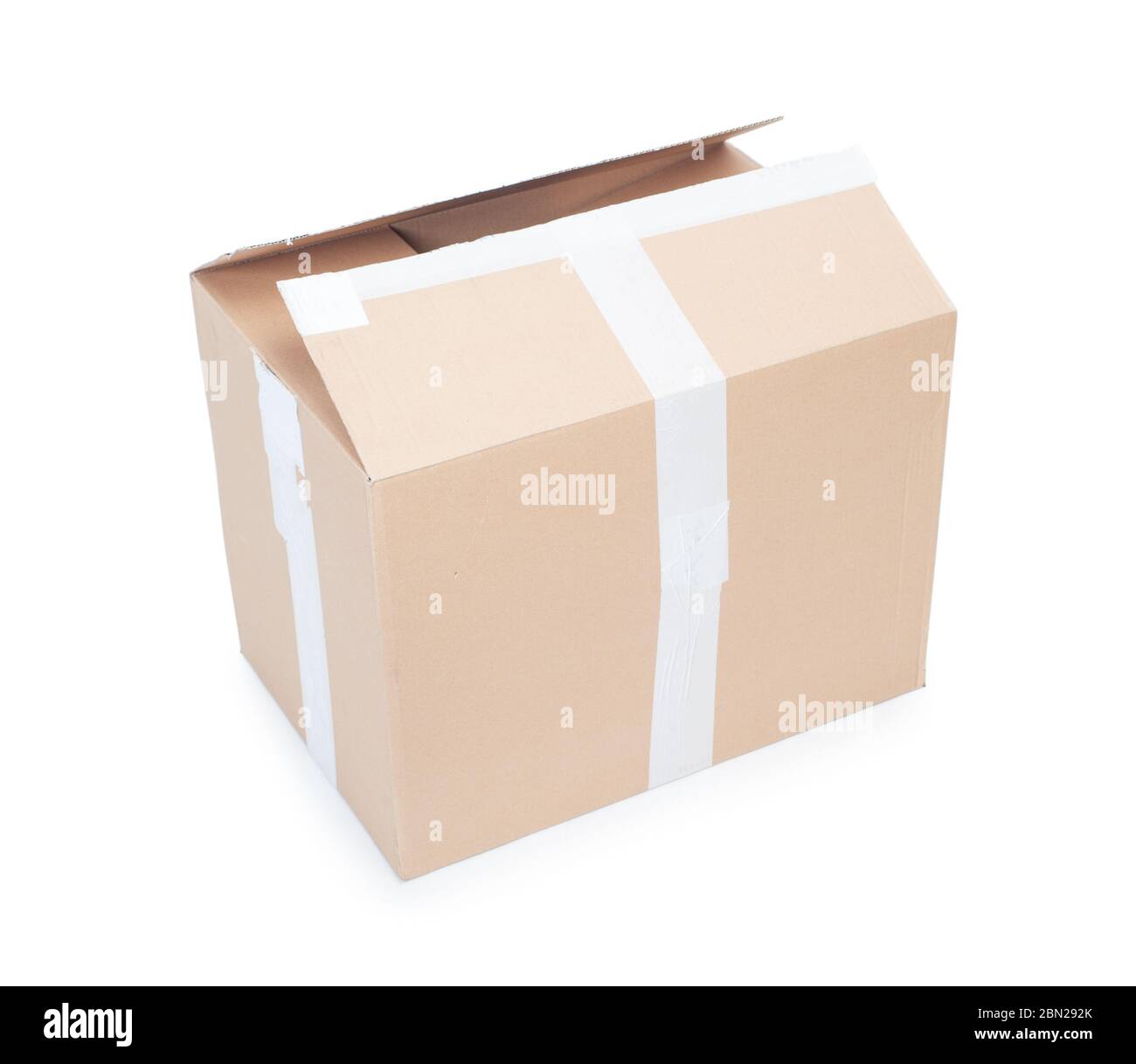 Open used cardboard box isolated on white background Stock Photo - Alamy