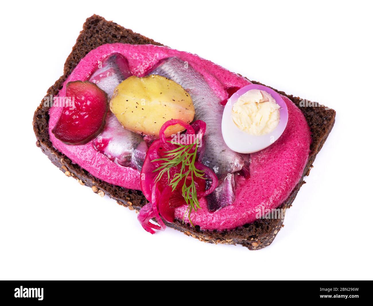 Sandwich with fish and egg, bread canape with anchovy isolated on white ...