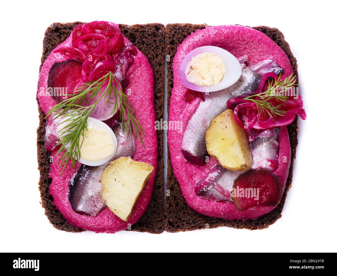 Sandwich with fish and egg, bread canape with anchovy isolated on white ...