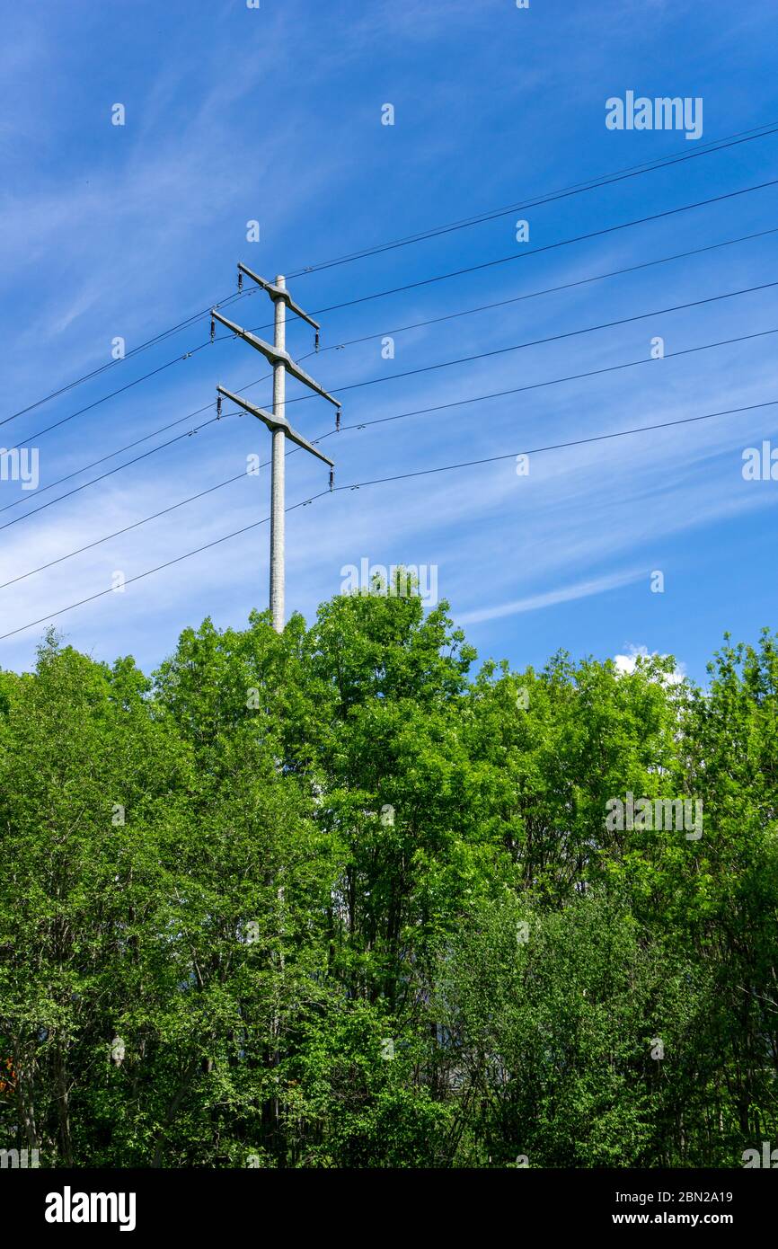 A vertical view of an electrical power line and lattice cross in a ...