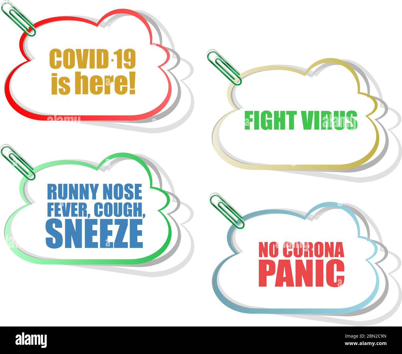 Coronavirus COVID-19. Stickers set: COVID-19 is here, Fight Virus, No ... Coronavirus COVID-19. Stickers set: COVID-19 is here, Fight Virus, No ...