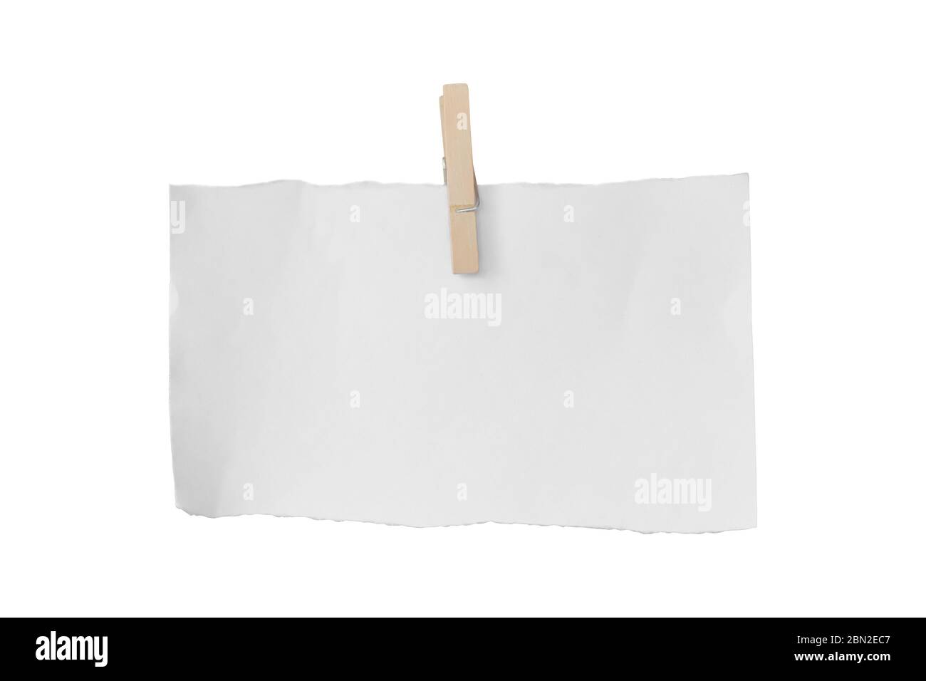 Wooden clip and white paper torn isolated on white background. Object ...