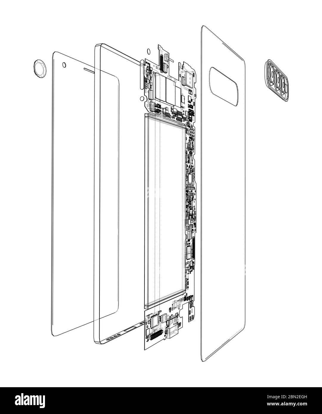 Disassembled smartphone concept outline. Vector rendering of 3d. Wire ...
