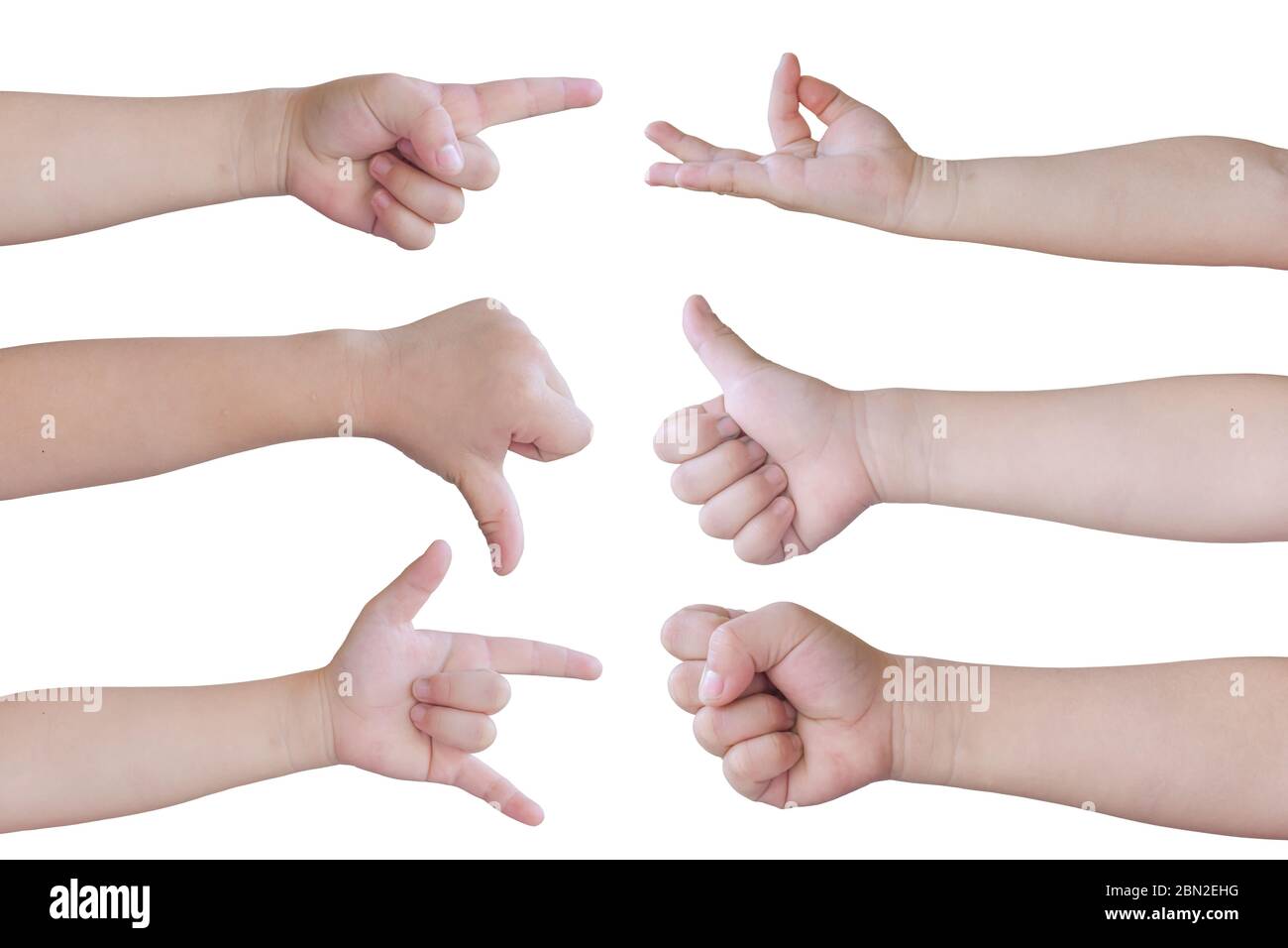 Collection of child hands gesturing isolated on white background, with ...