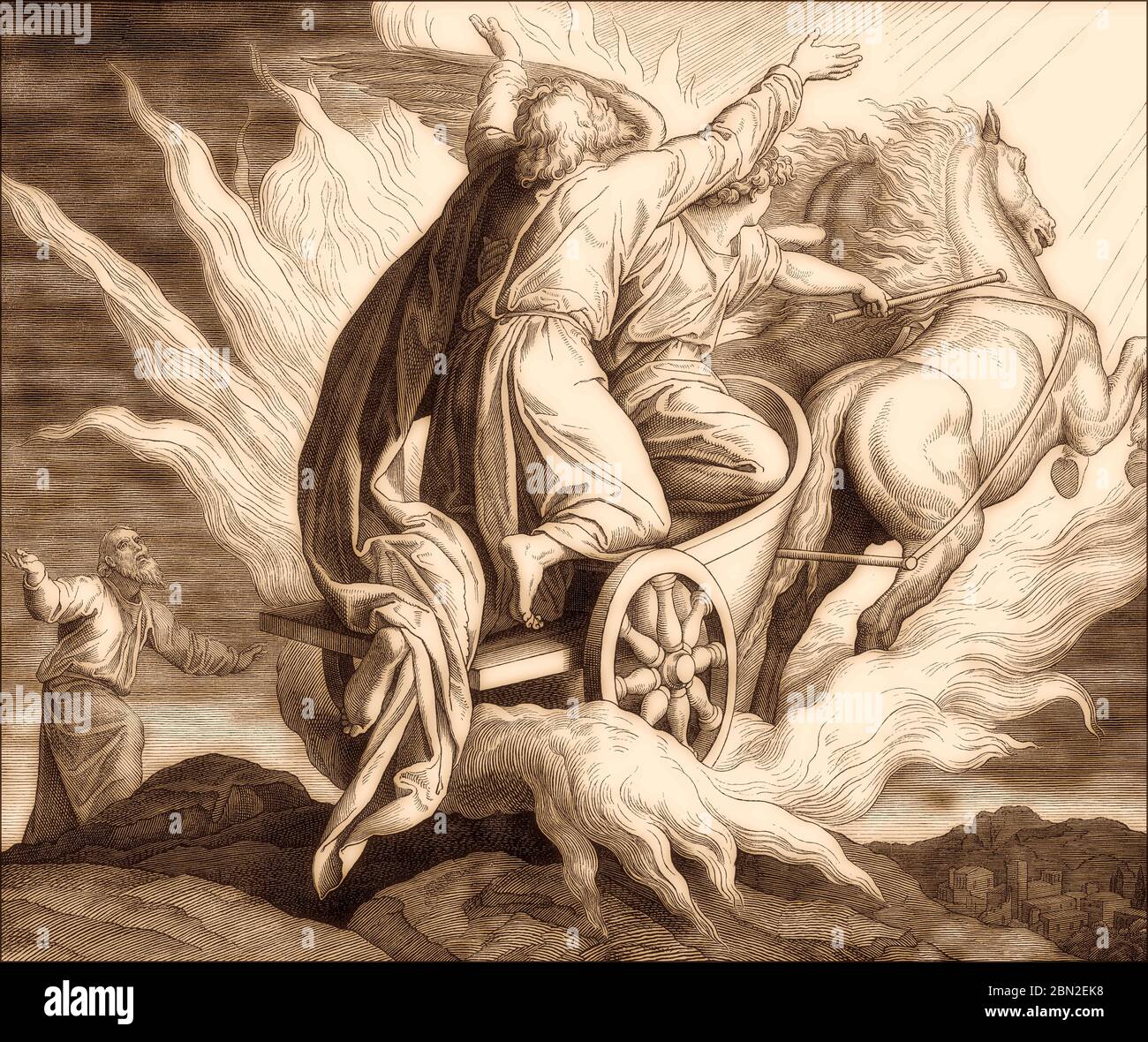 Prophet Elijah riding a flaming chariot across the sky, Old Testament ...