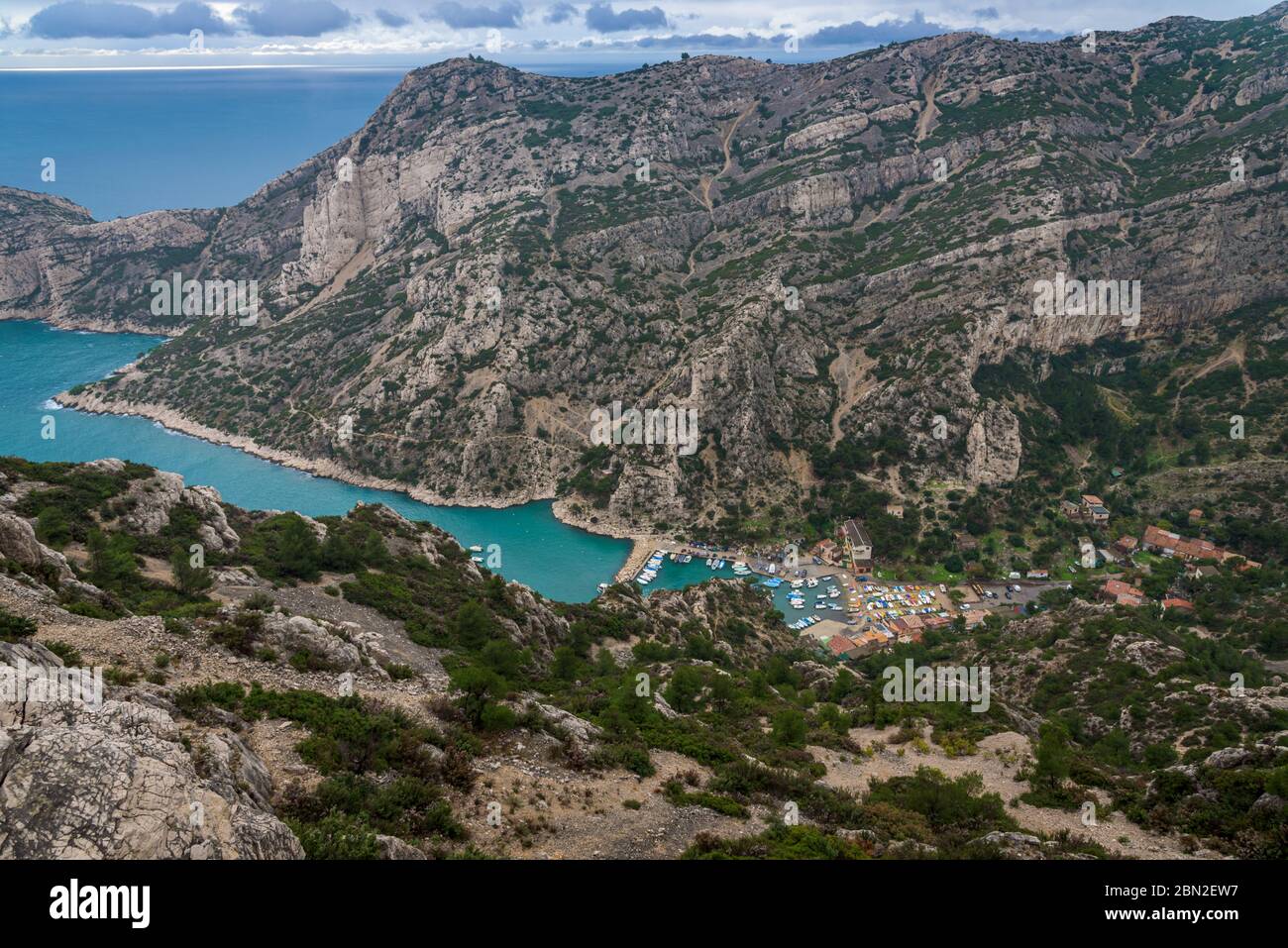 Aerial view of Calanque de Morgiou, fjord in Marseille, south of France ...
