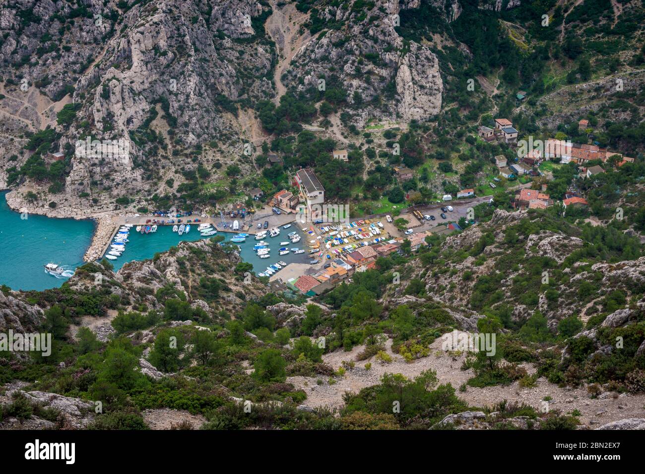Aerial view of Calanque de Morgiou, fjord in Marseille, south of France ...