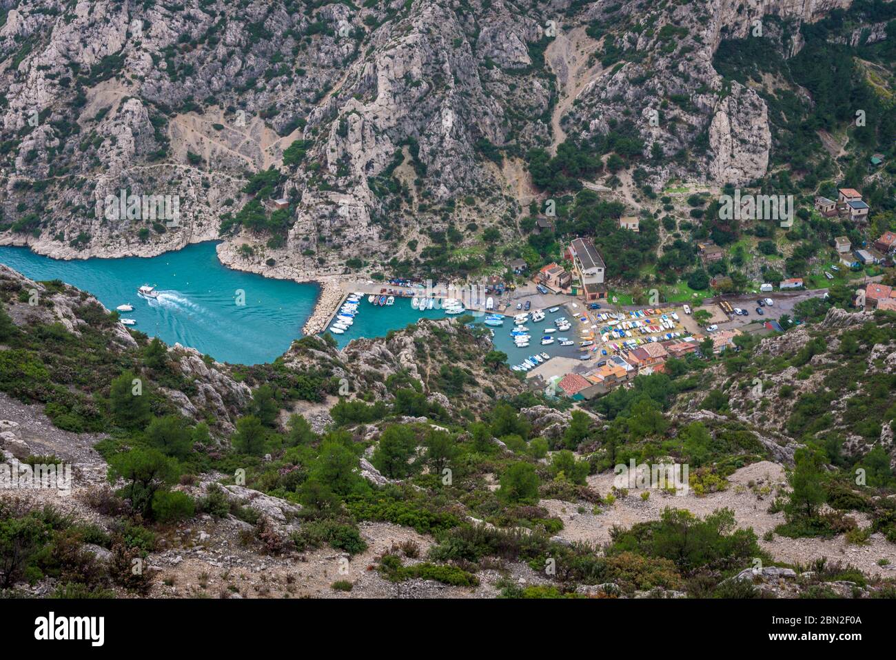 Aerial view of Calanque de Morgiou, fjord in Marseille, south of France ...