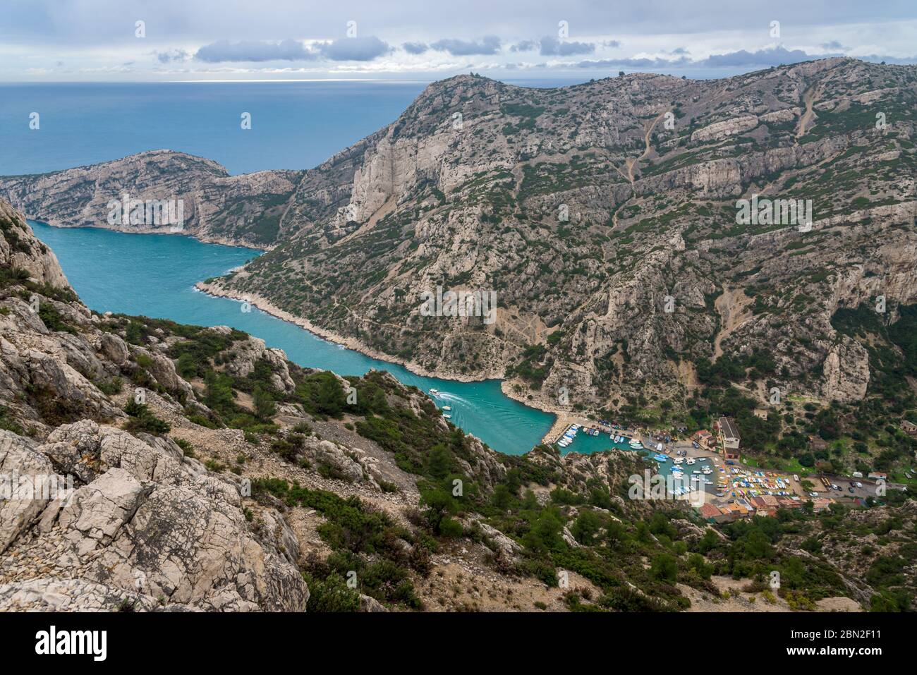 Aerial view of Calanque de Morgiou, fjord in Marseille, south of France ...
