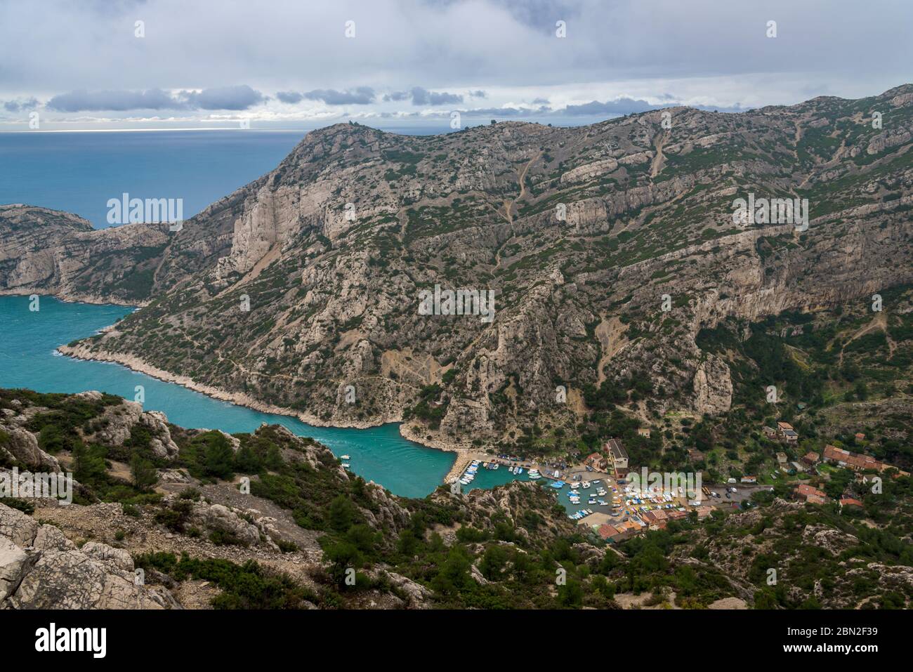 Aerial view of Calanque de Morgiou, fjord in Marseille, south of France ...