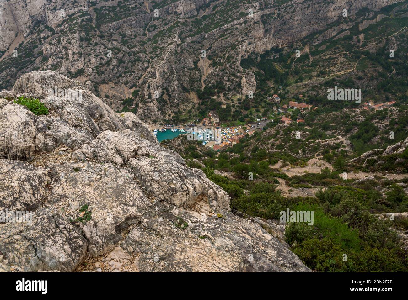 Aerial view of Calanque de Morgiou, fjord in Marseille, south of France ...