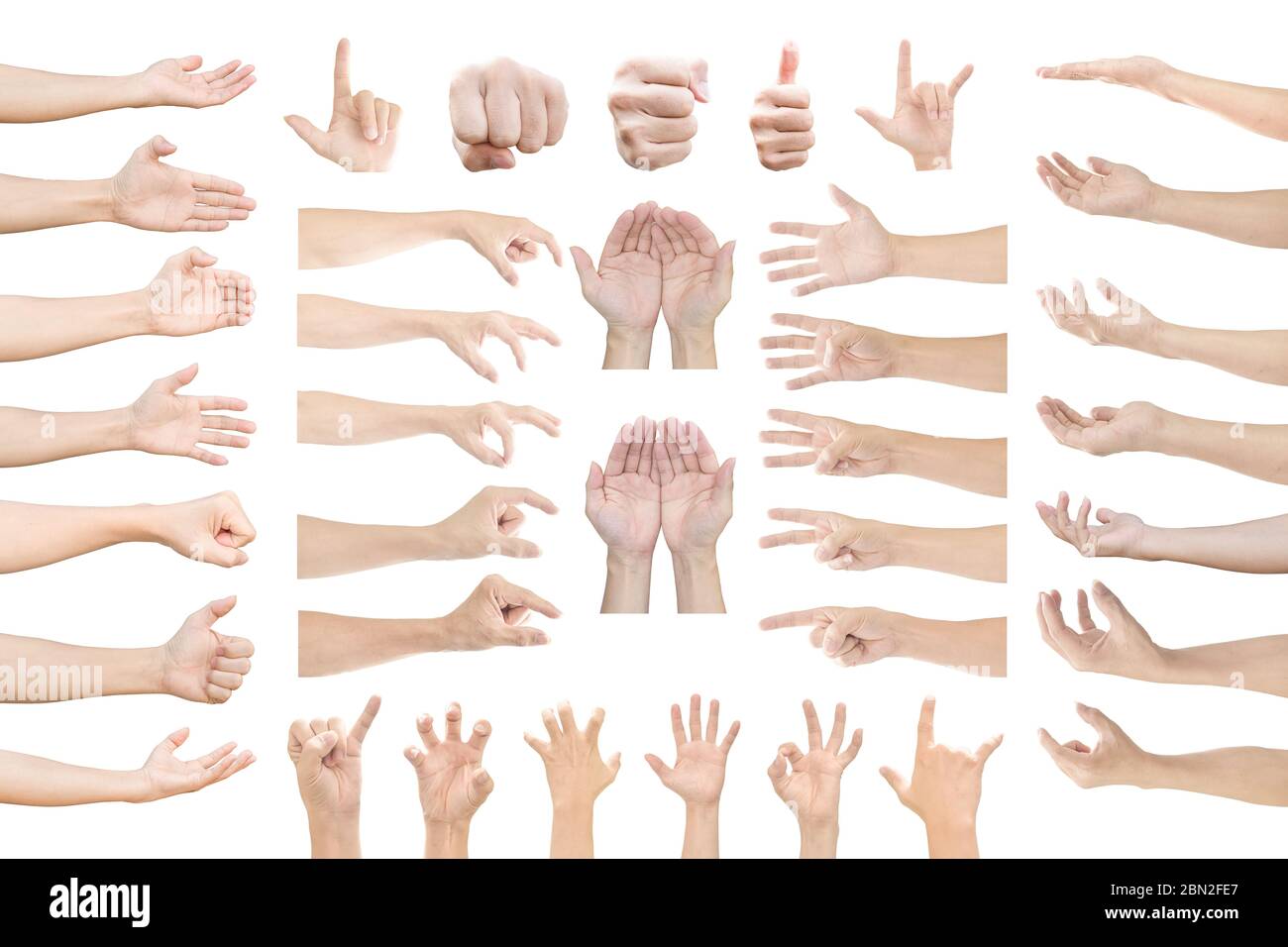 Collection of human hands in multiple gesture isolated on white ...