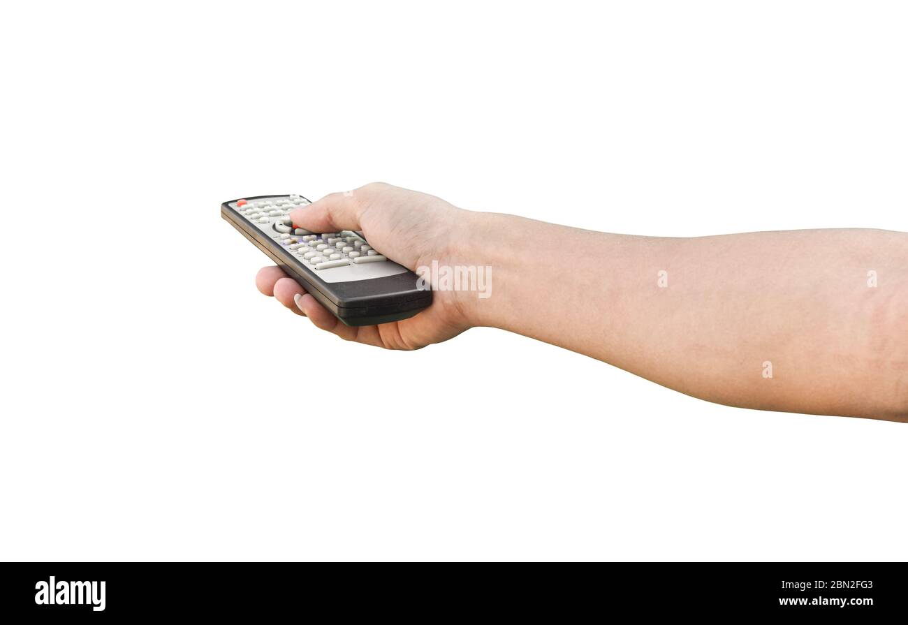 Hand holding television remote control, isolated on white background ...