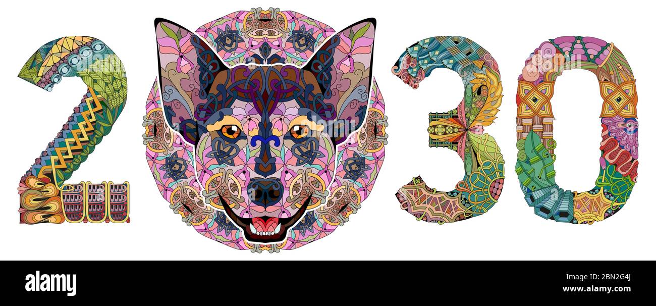 Hand drawn zentangle dog number 2030 for t-shirt and other decorations ...
