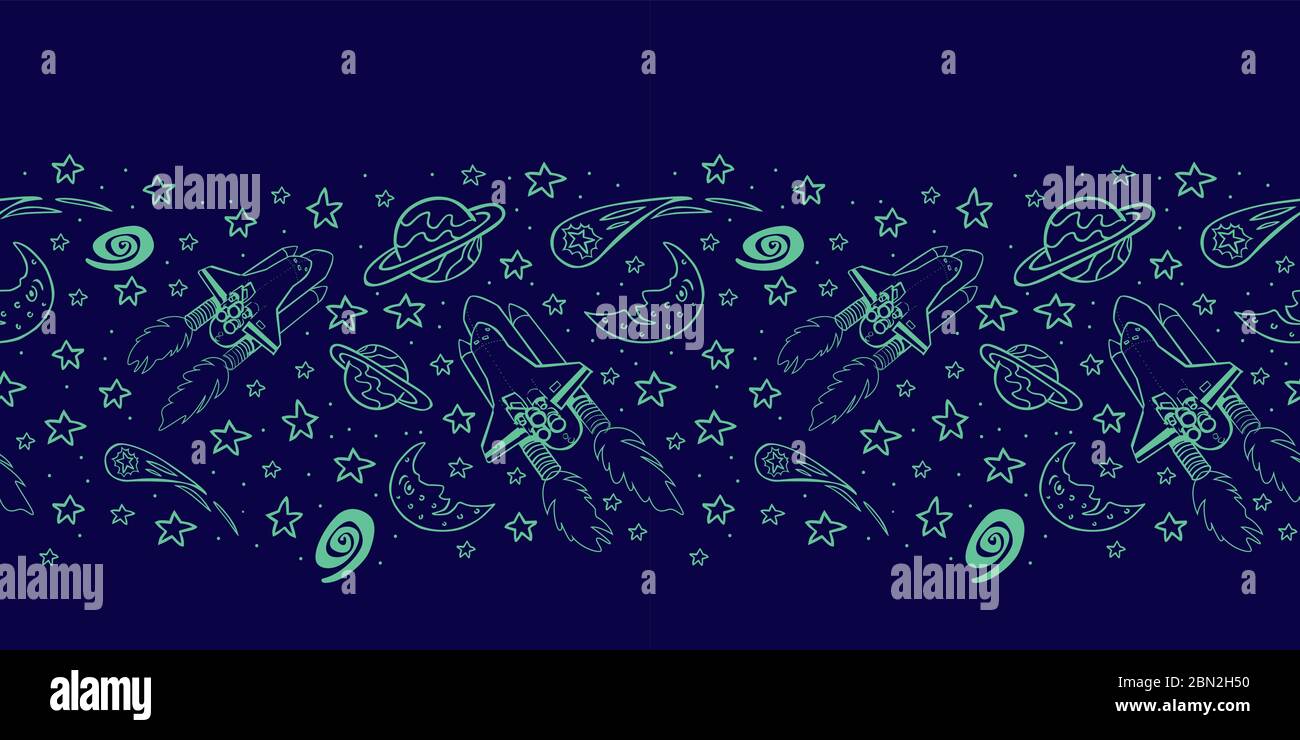 Vector blue outlines space shuttle blast off with stars, moon and comet ...