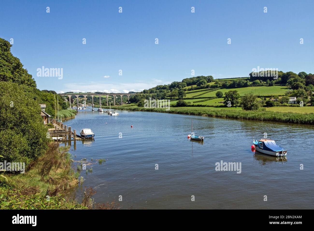 Calstock railway viaduct over the River Tamar, from the Cornish side. A ...