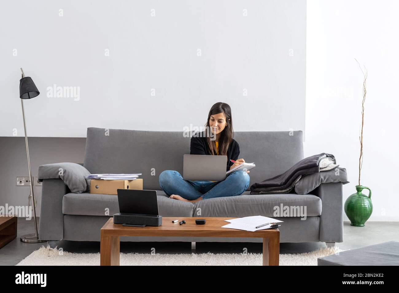 Young woman with laptop telecommuting on the sofa at her home Stock ...
