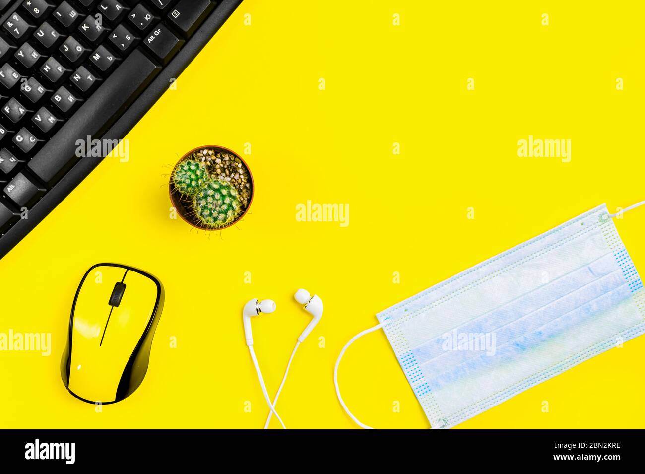 flat lay concept work, keyboard, computer mouse, cactus, yellow background, protective mask ...