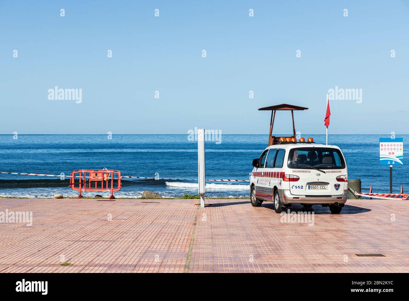 Lifeguard in his van at the lookout tower on La Enramada beach, La ...