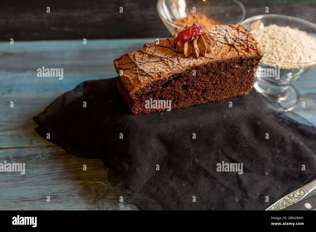 Bread, chocolate cake, coffee for a morning with a lot of happiness and ...