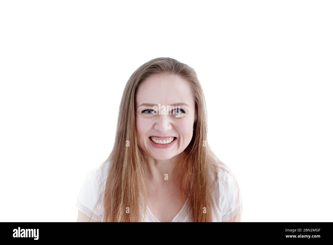 Exited grinning woman with expression on her face, close-up portrait of ...