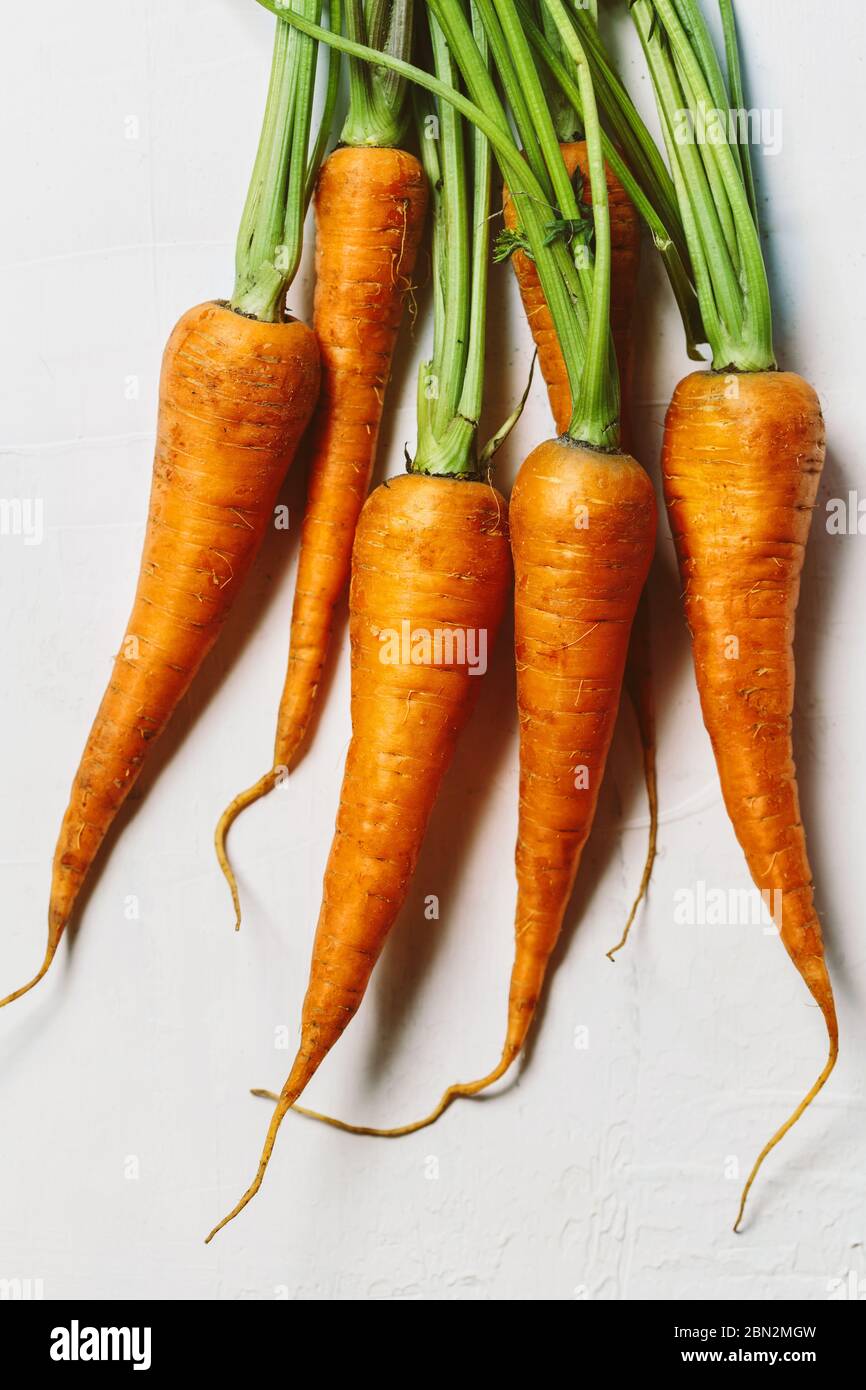 Fresh organic carrots on white background, close-up, top view. Natural ...