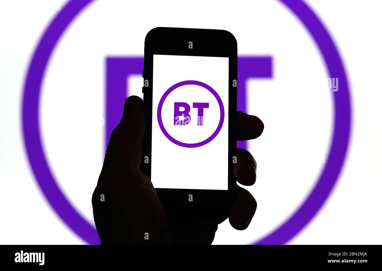British Telecom BT Mobile, mobile phone network logo on a mobile phone (Editorial use only Stock ...