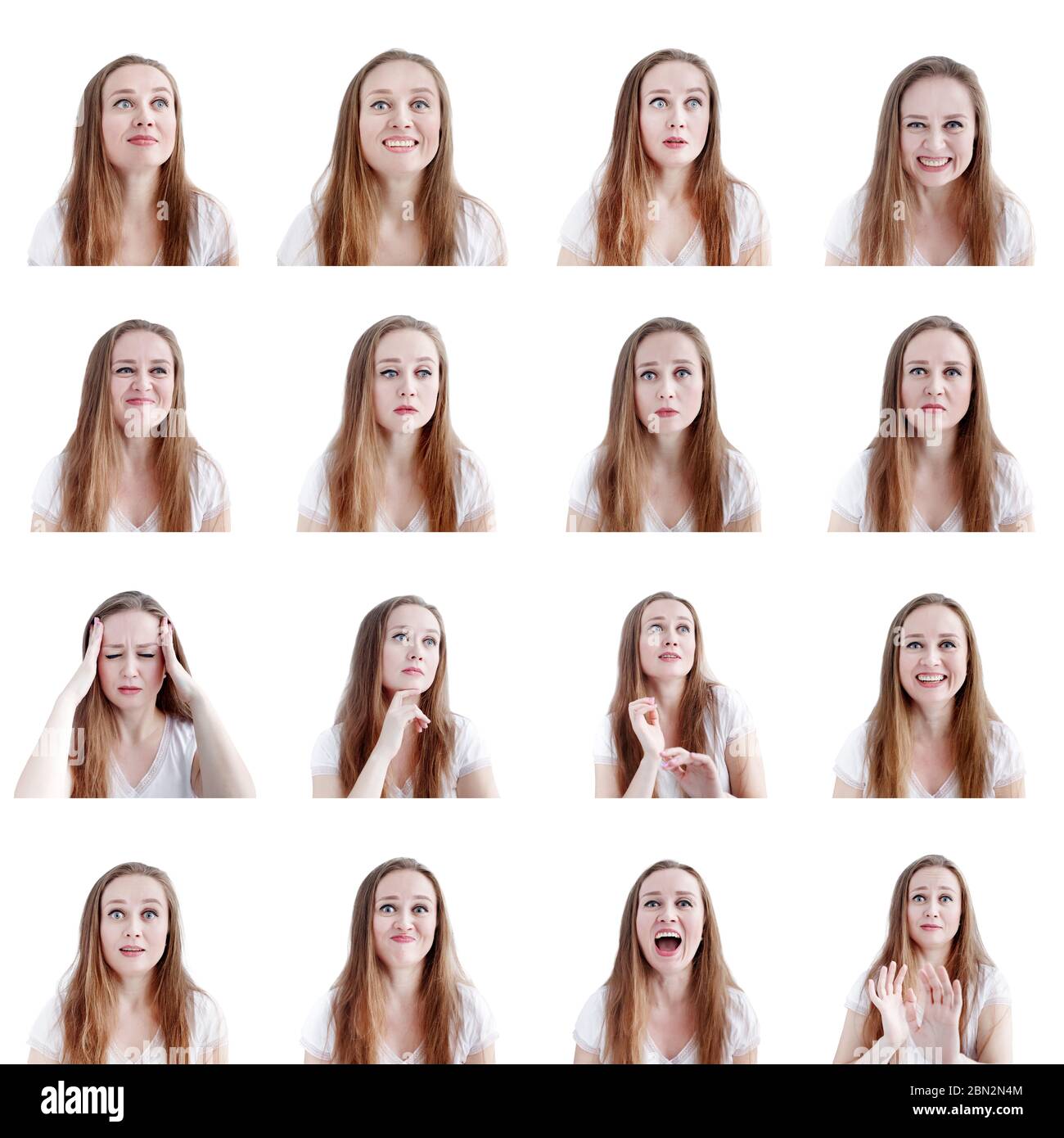 Collage image of sixteen different human emotions and reactions, young ...