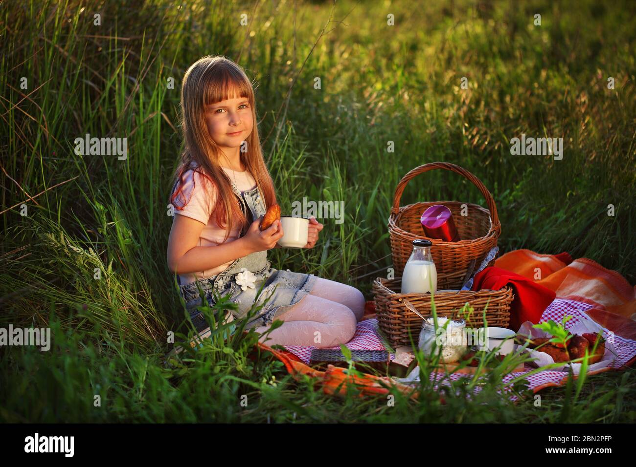 Girl at the picnic field Stock Photo - Alamy