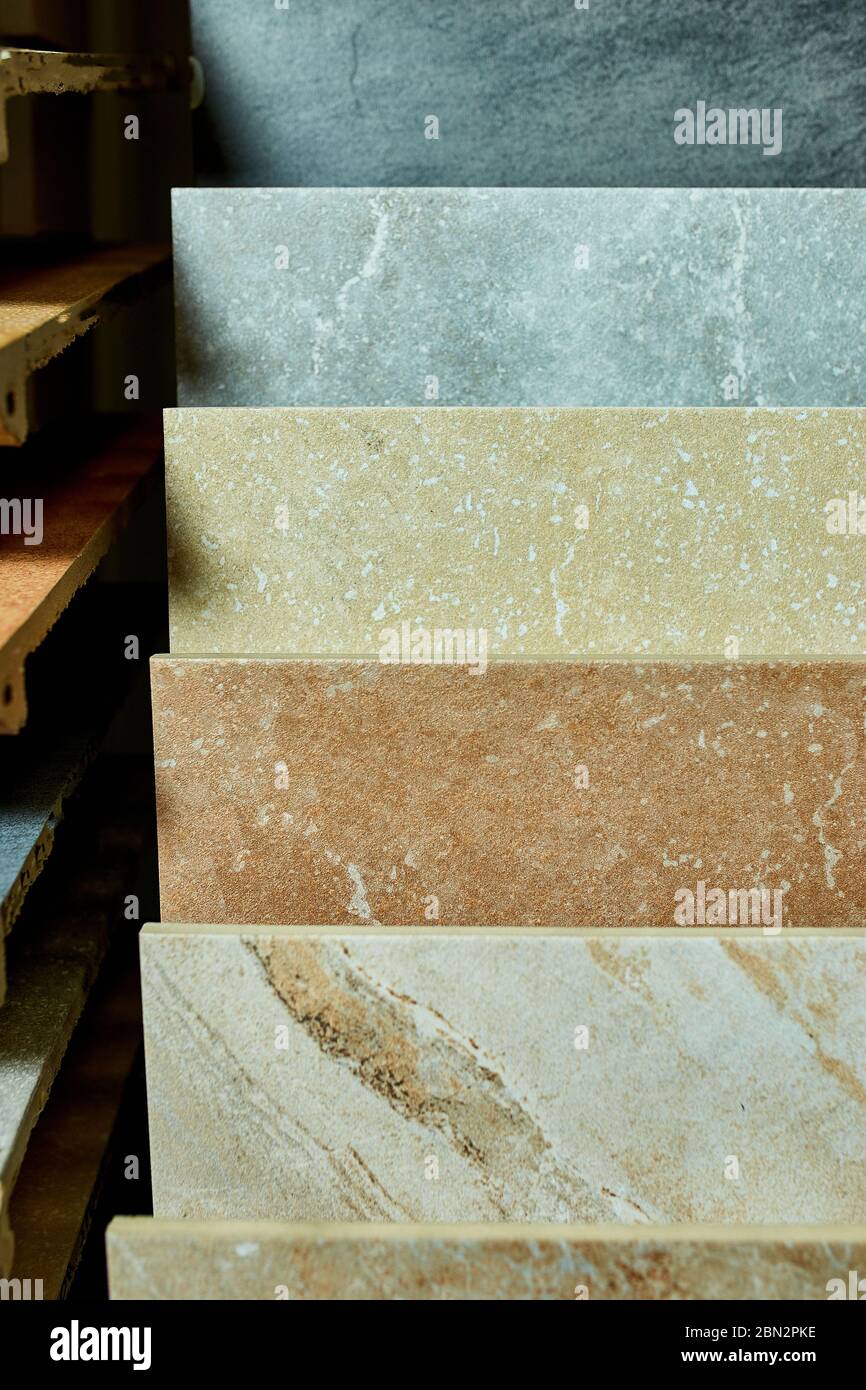 Various decorative tiles samples. Colorful samples of a stone tile in ...