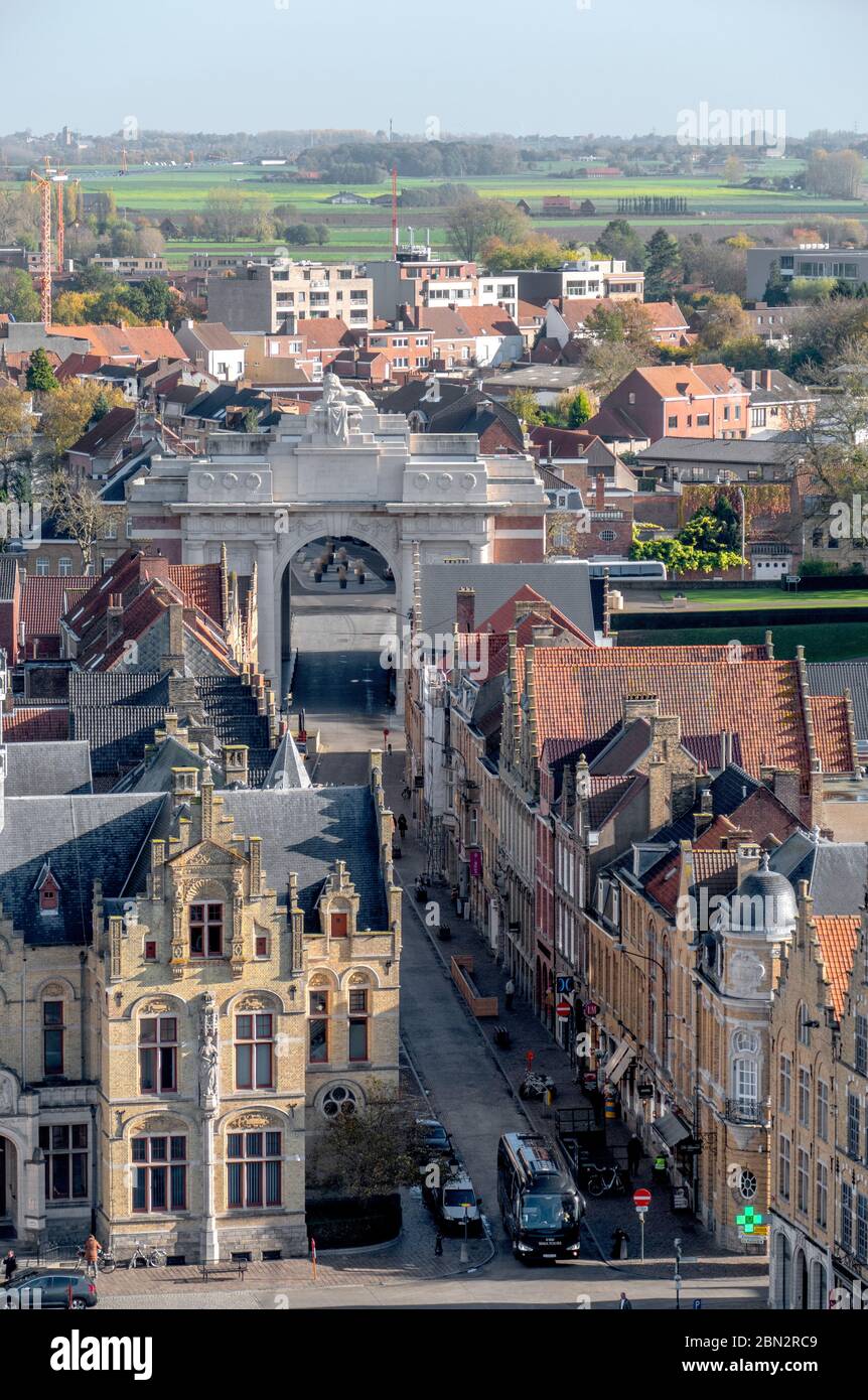 The Menin Gate and town square of Ypres, Belgium. The World War 1 ...