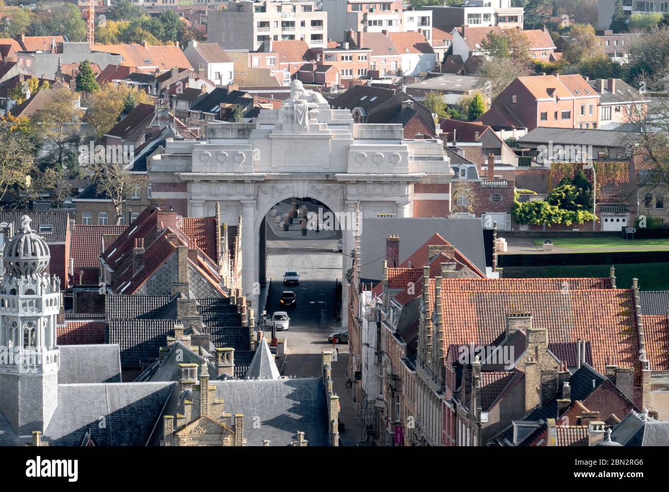 The Menin Gate and town square of Ypres, Belgium. The World War 1 ...