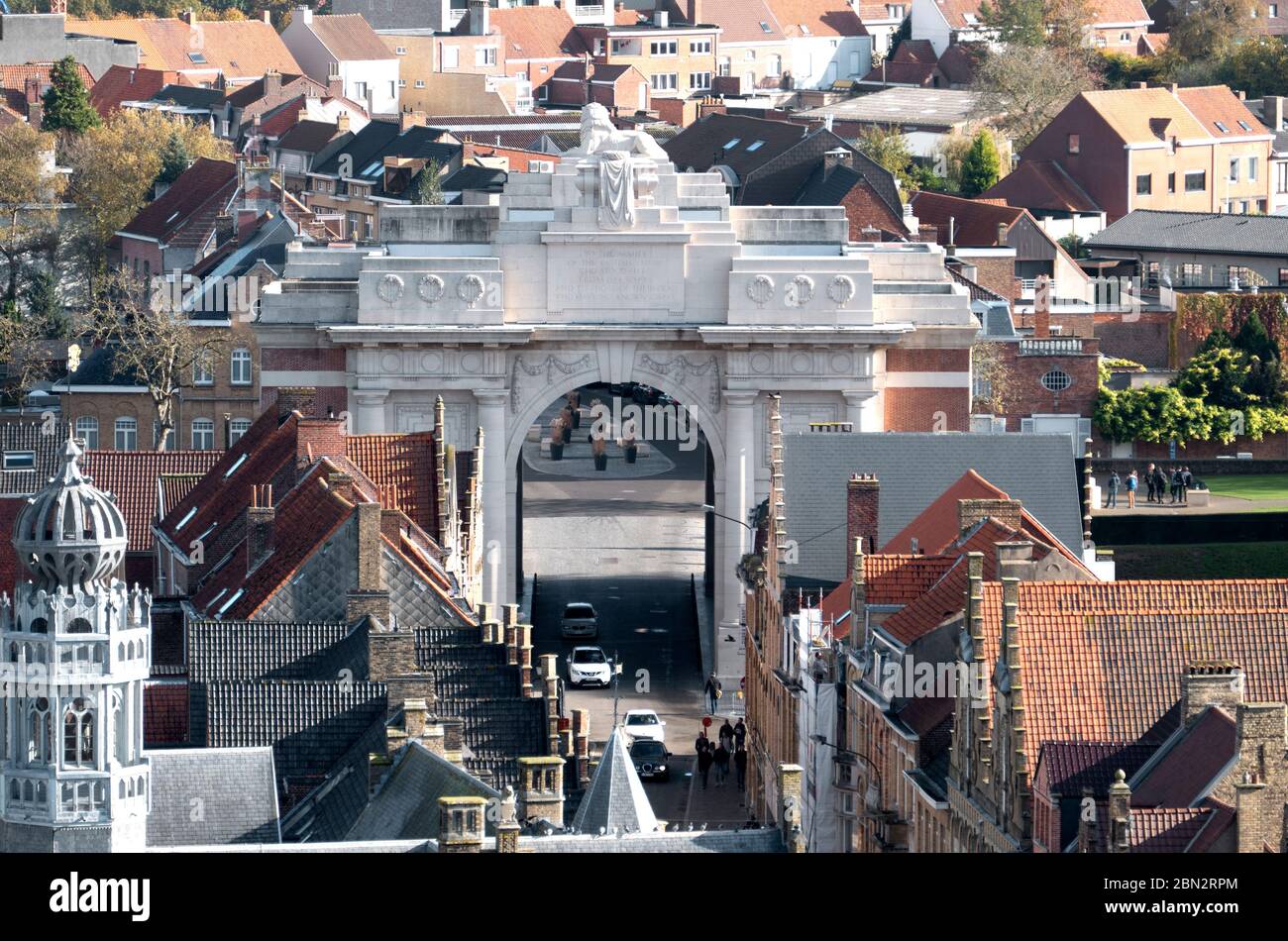 The Menin Gate and town square of Ypres, Belgium. The World War 1 ...