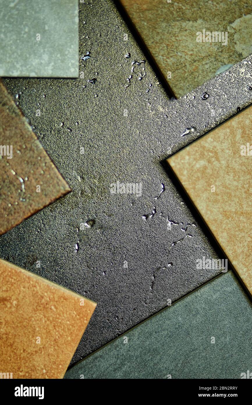 Frame of various decorative tiles samples. Colorful samples of a stone ...