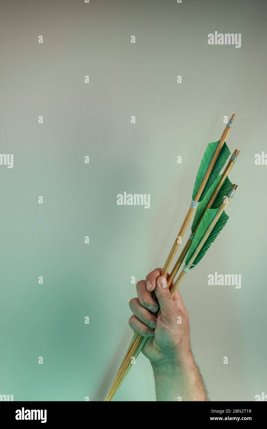 Hand holding old green arrows in the color light. Beautiful old arrow ...