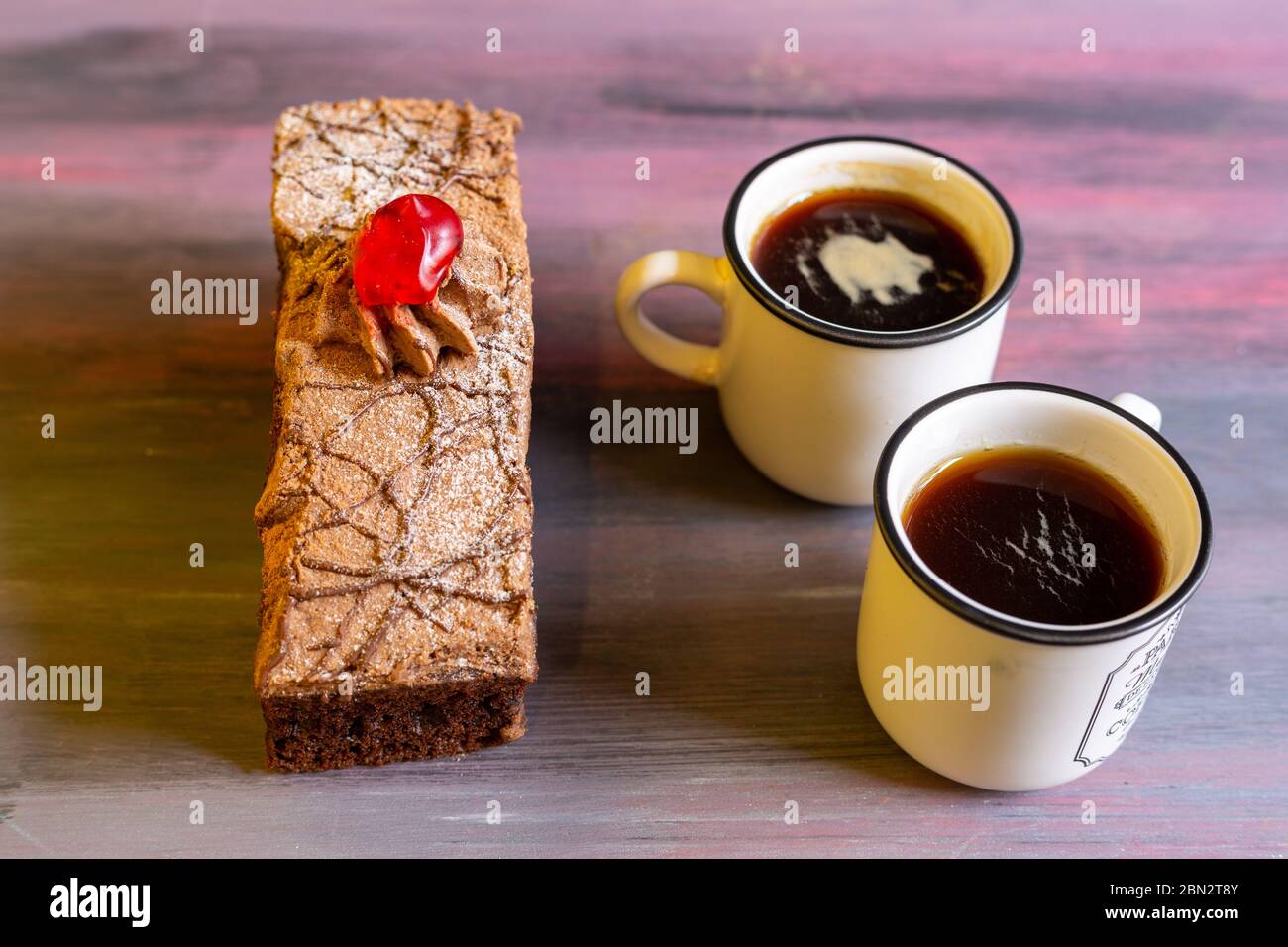 Bread, chocolate cake, coffee for a morning with a lot of happiness and ...
