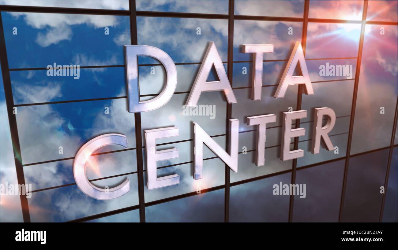 Data center with cloud symbol glass building. Server, cloud, computer ...