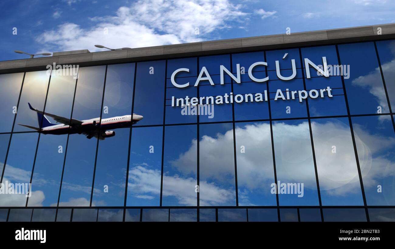 Jet aircraft landing at Cancún, Mexico 3D rendering illustration ...