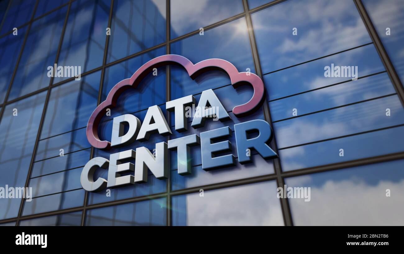 Data center with cloud symbol glass building. Server, cloud, computer ...
