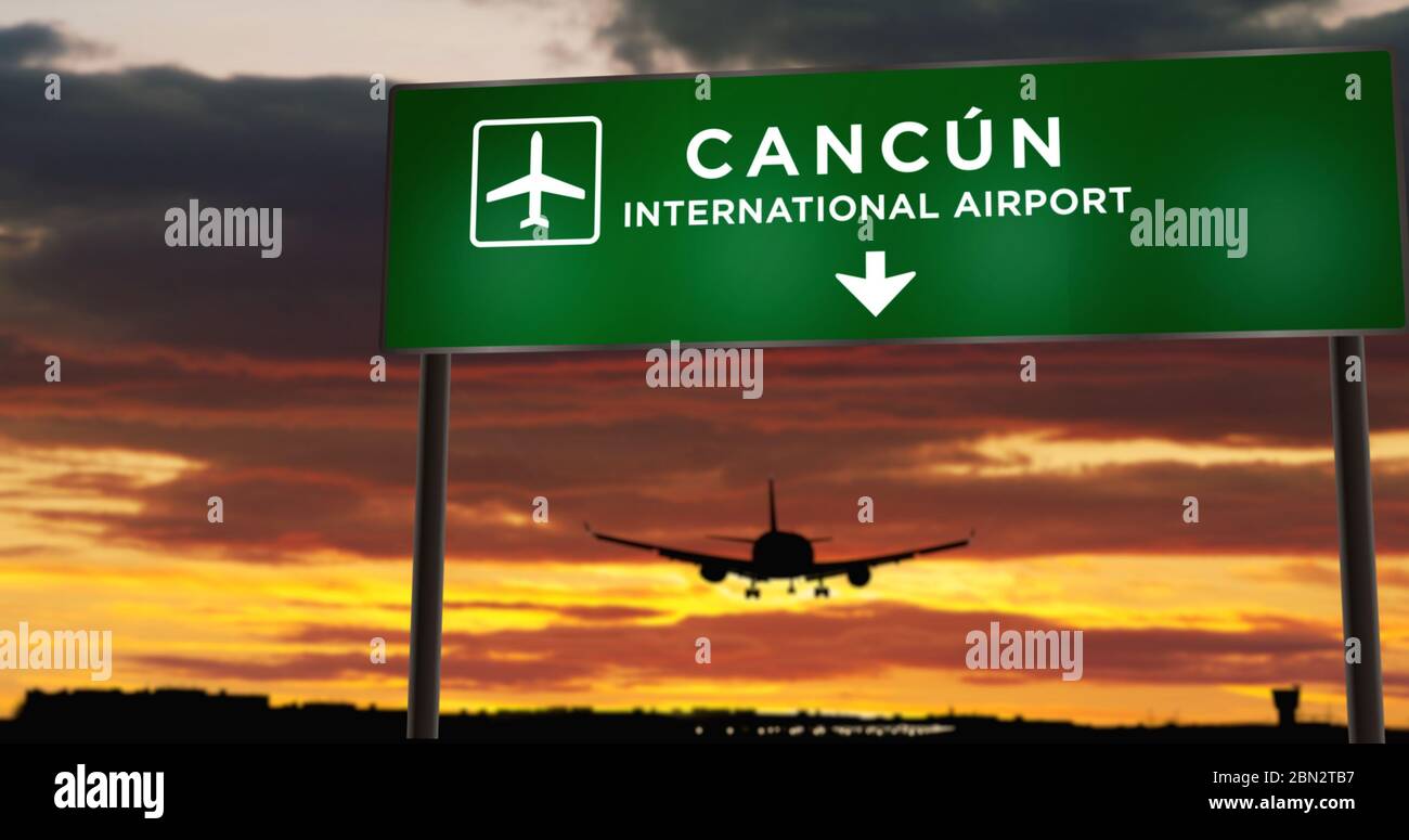 Airplane silhouette landing in Cancún, Mexico (Cancun). City arrival ...