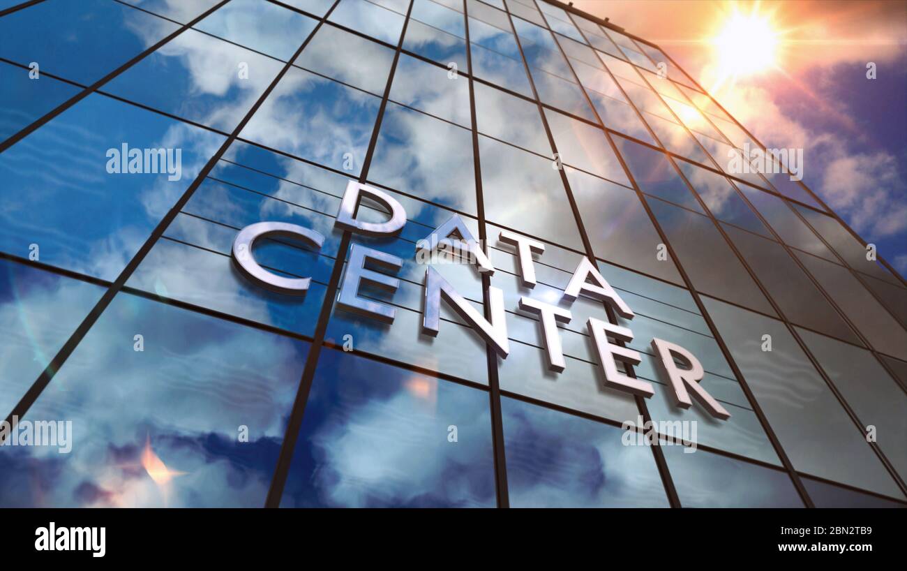 Data center with cloud symbol glass building. Server, cloud, computer ...