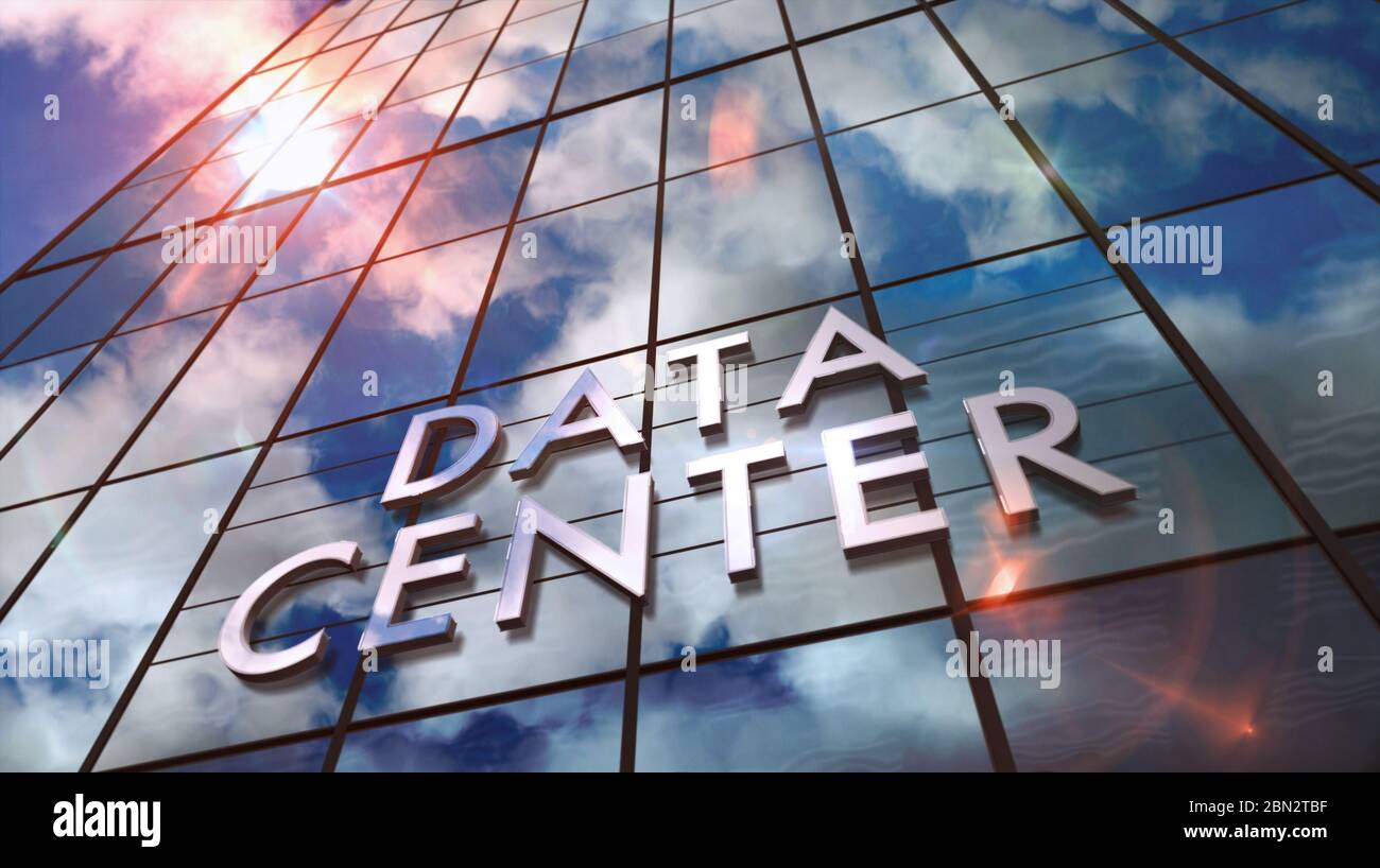 Data center with cloud symbol glass building. Server, cloud, computer ...