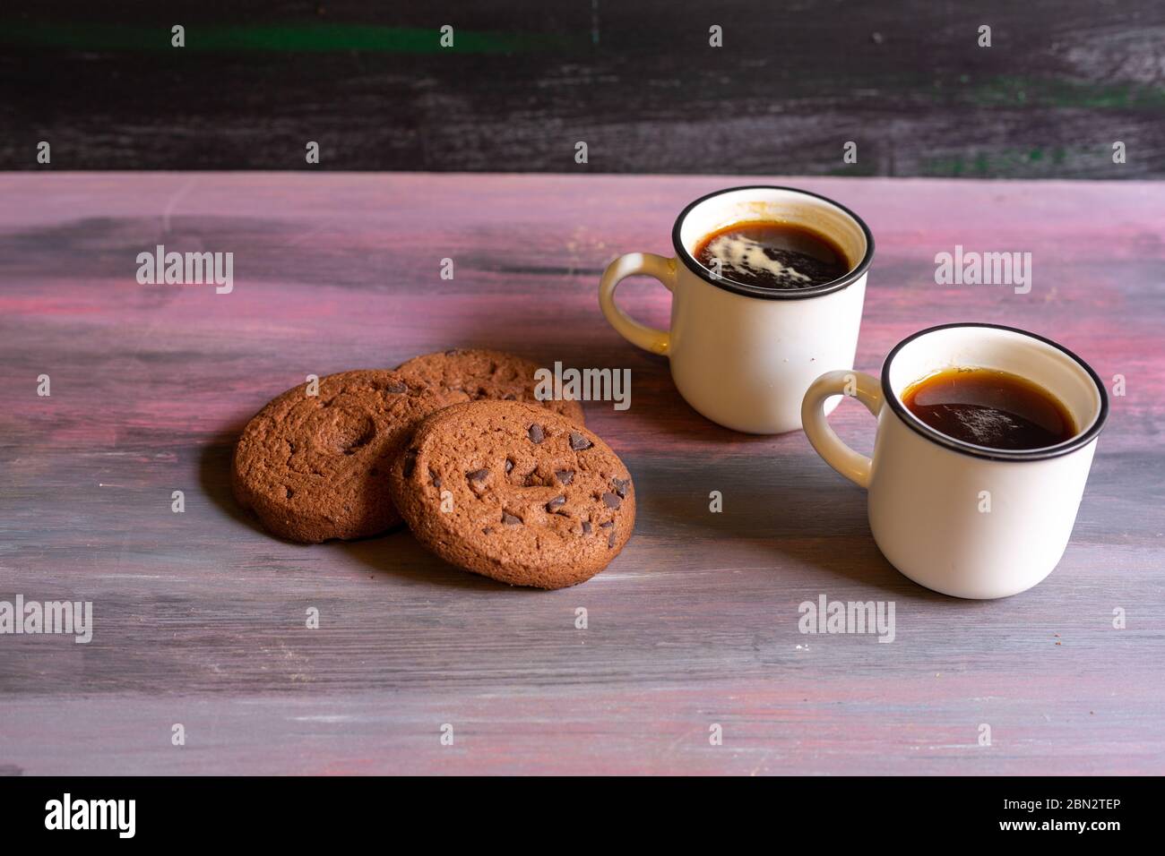 Bread, chocolate cake, coffee for a morning with a lot of happiness and ...