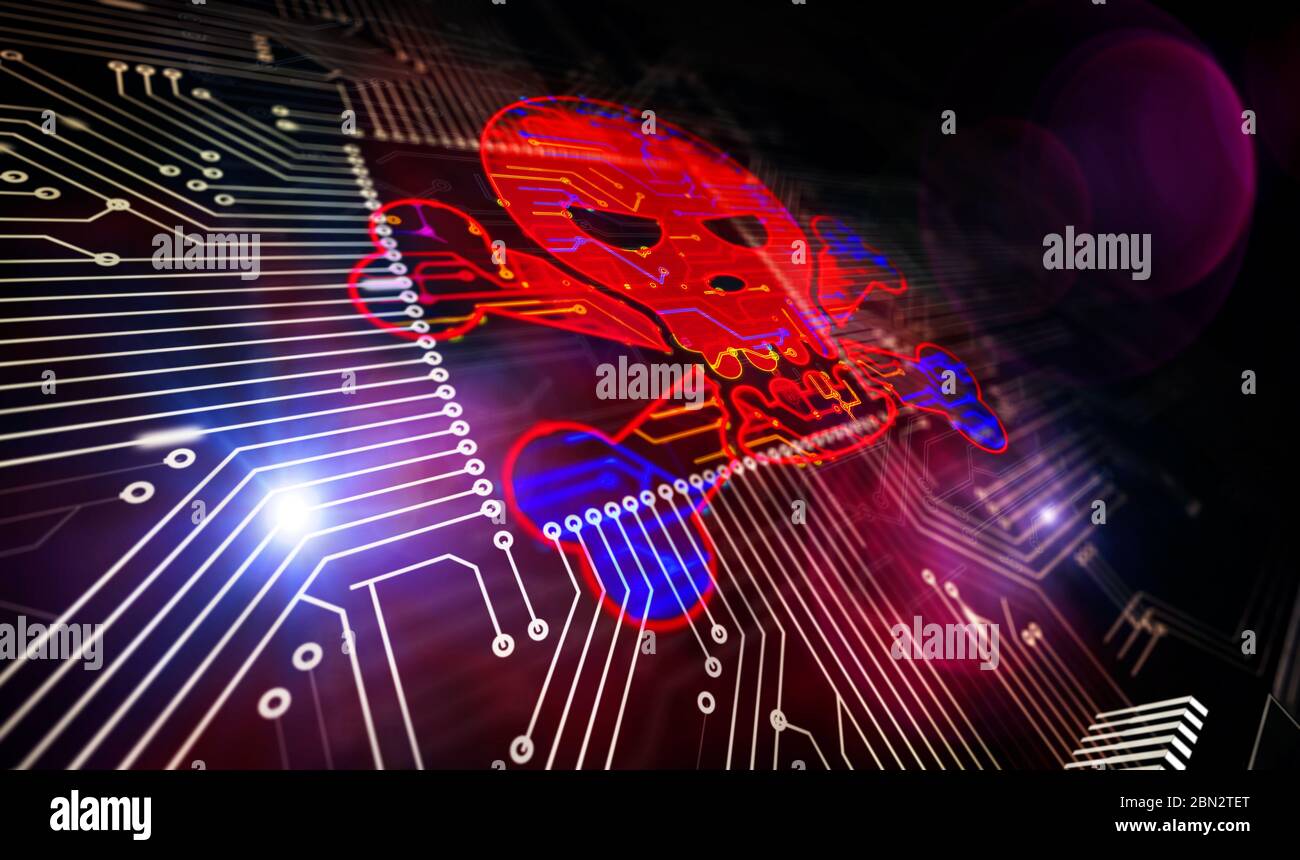 Cyber crime and skull icon. Piracy, digital attack, computer security ...