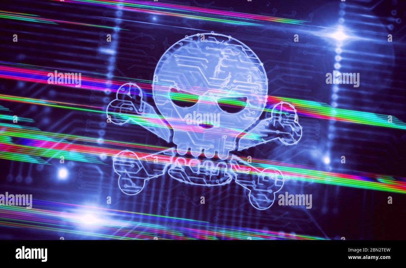 Cyber crime and skull icon. Piracy, digital attack, computer security ...