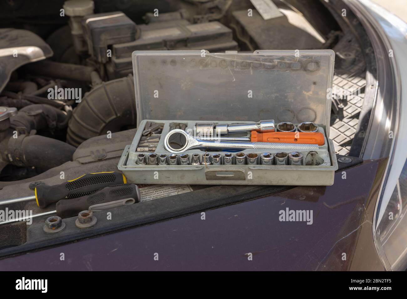 Auto mechanic tool kit. The mechanic has prepared tools for diagnosis ...